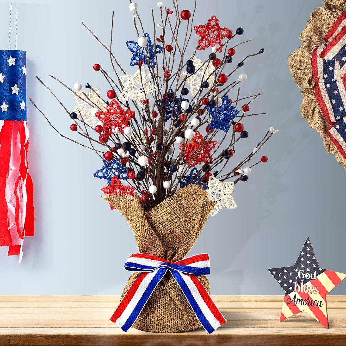 4Th of July Artificial Tree Tabletop Decor Patriotic Tree Red Blue ...
