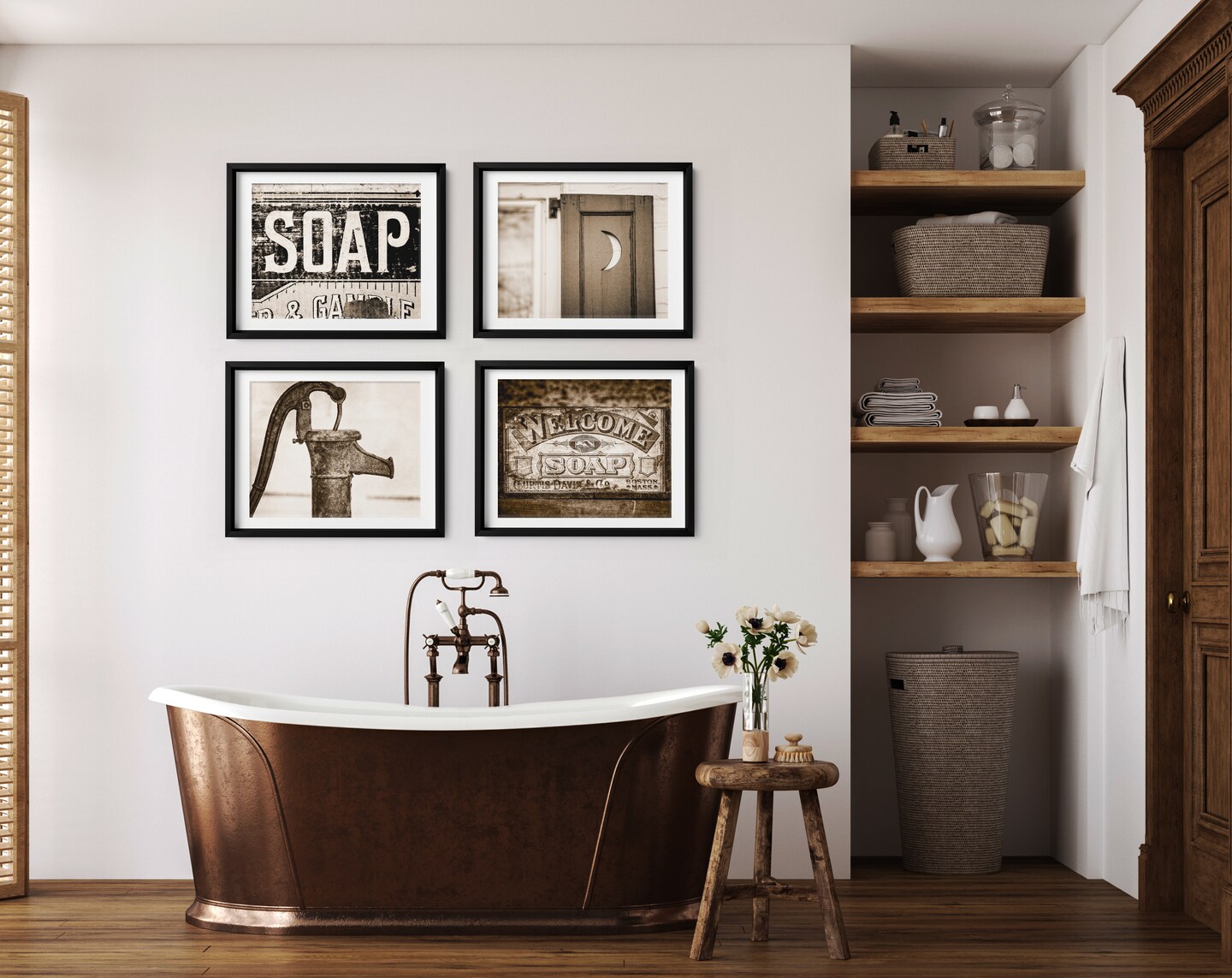 Bathroom Wall Art Prints in Vintage Sepia Tone - Country Rustic Bath ...