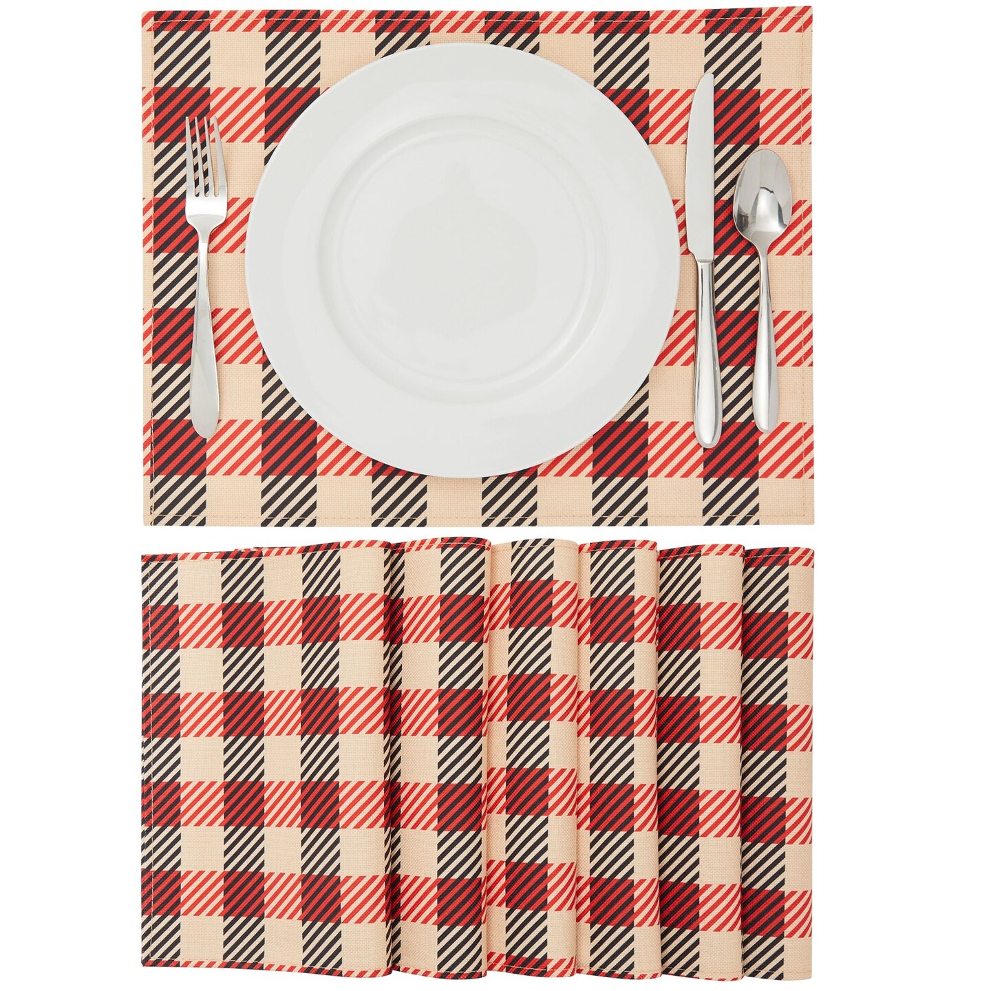 Set of 6 Red, Black, and Tan Plaid Cloth Placemats, 16.8x12.8-Inch ...