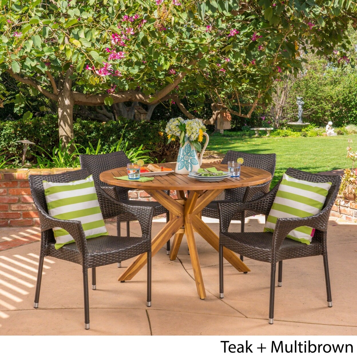 GDFStudio Anthony Outdoor 5 Piece Multibrown Wicker Dining Set with ...