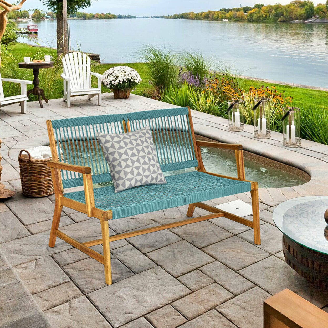 Wooden Rope Bench Loveseat Patio Garden Outdoor W/ Backrest And Armrest ...
