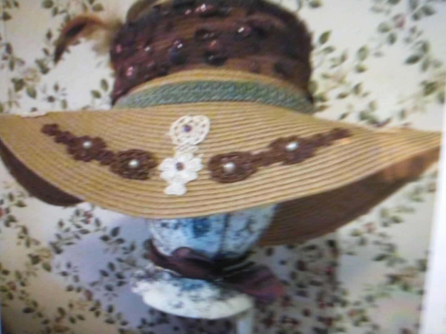 TAN BIG BRIM HAT with BRONZE and TEAL GIMP with FEATHERS and beads ...