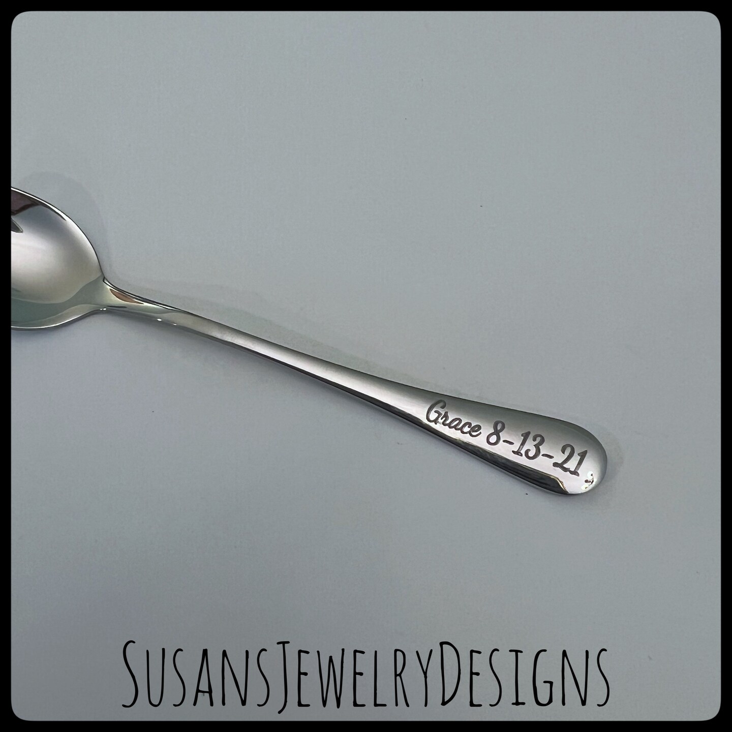 Engraved baby spoon baby shower gift new mom name and date new baby personalized wording unisex silver stainless steel dancing filled MakerPlace by Michaels