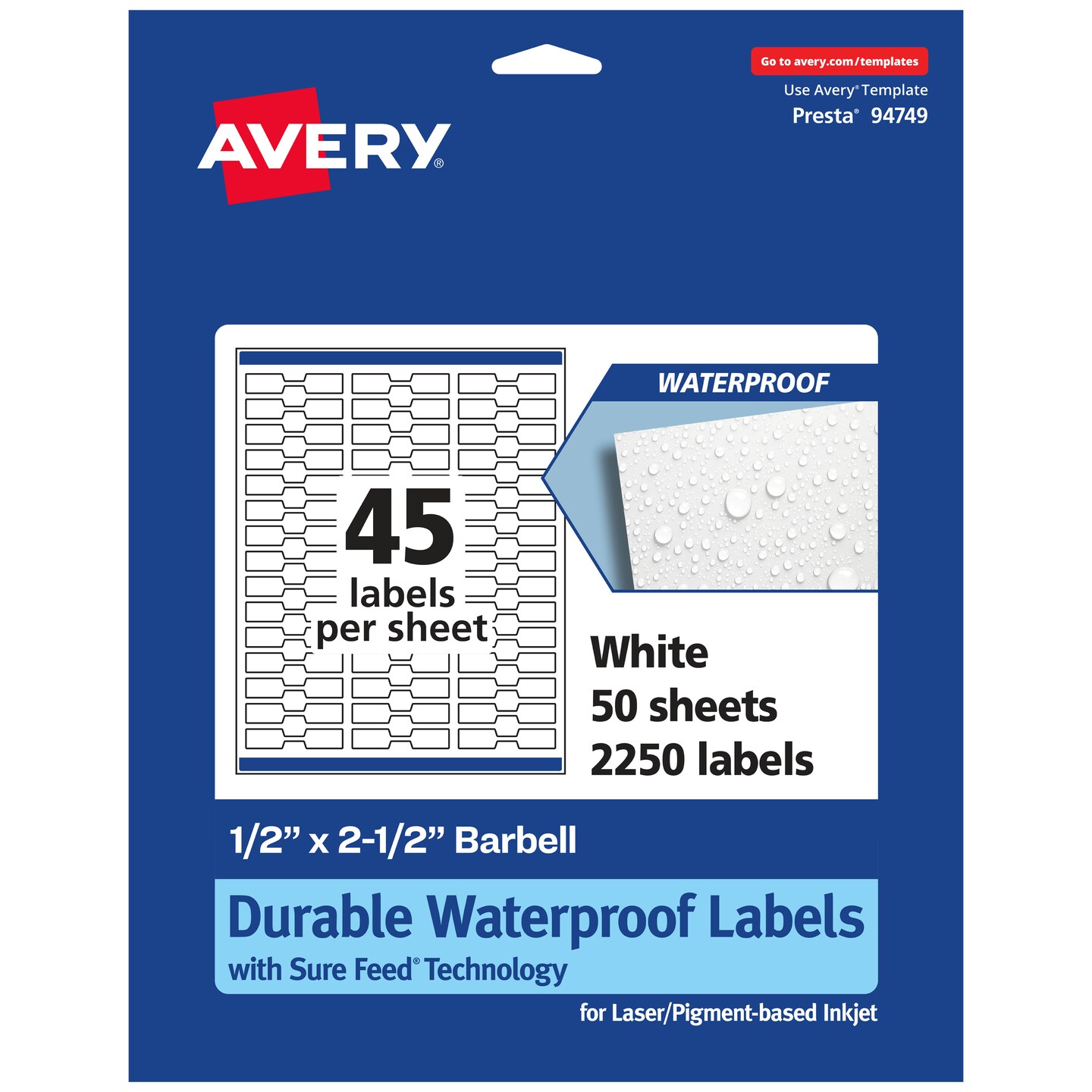 Avery Durable Waterproof Barbell Labels with Sure Feed, 1/2" x 2.5 ...