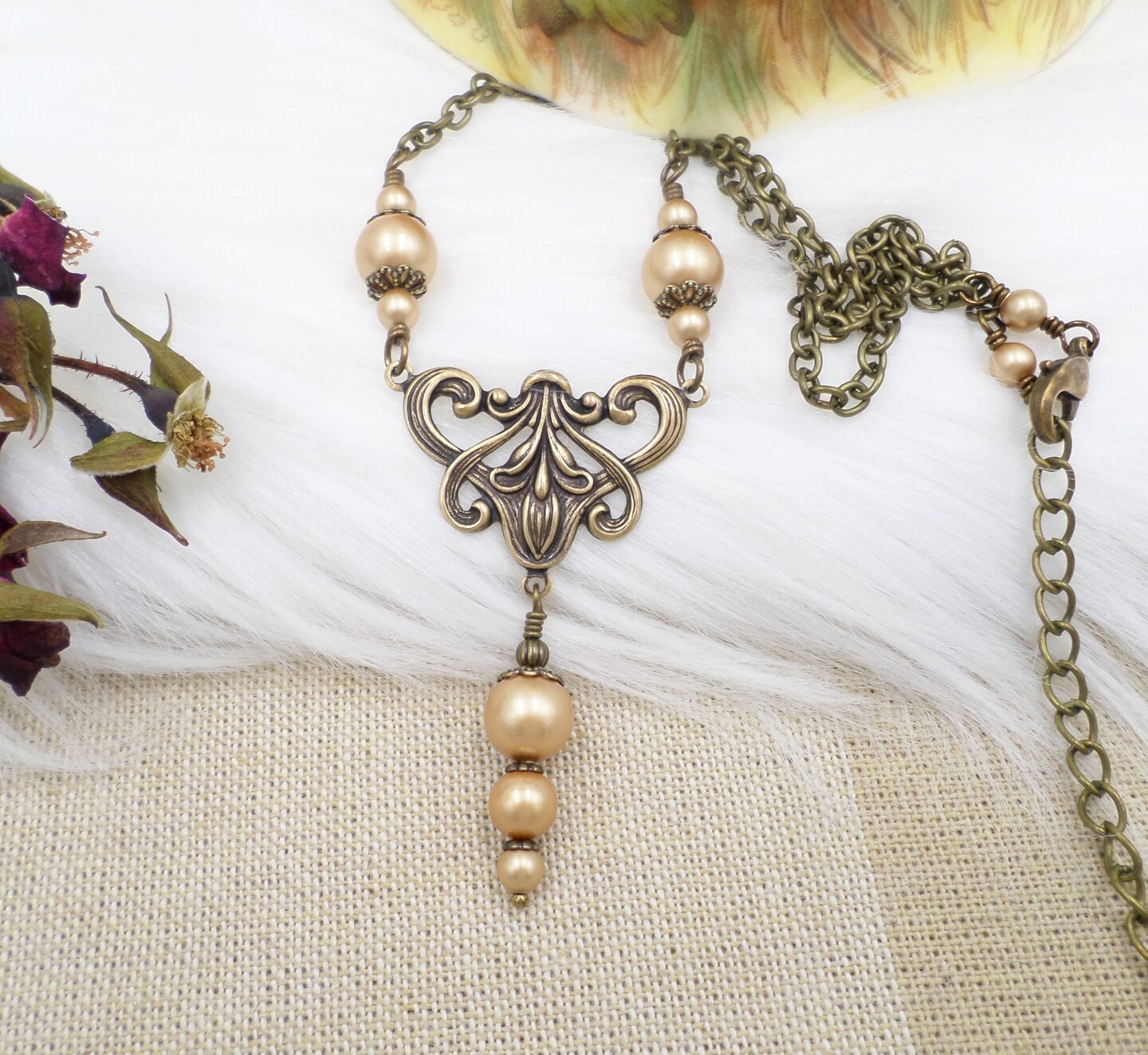 Art Nouveau Necklace, Gold Pearl Necklace, Vintage Reproduction Jewelry ...