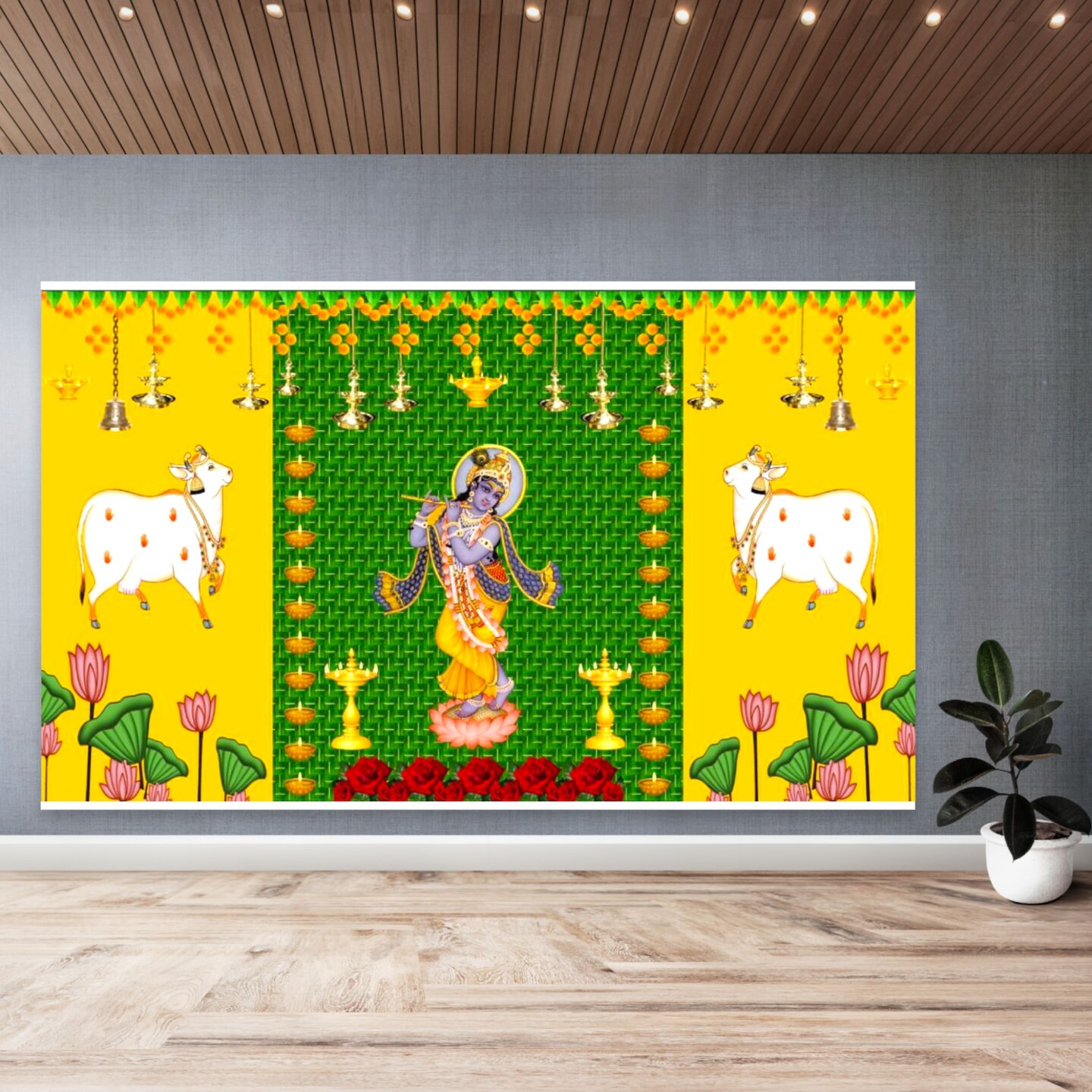 Krishna With Cow Backdrop, Pooja Backdrop, Cloth Backdrop, Pooja Cloth ...