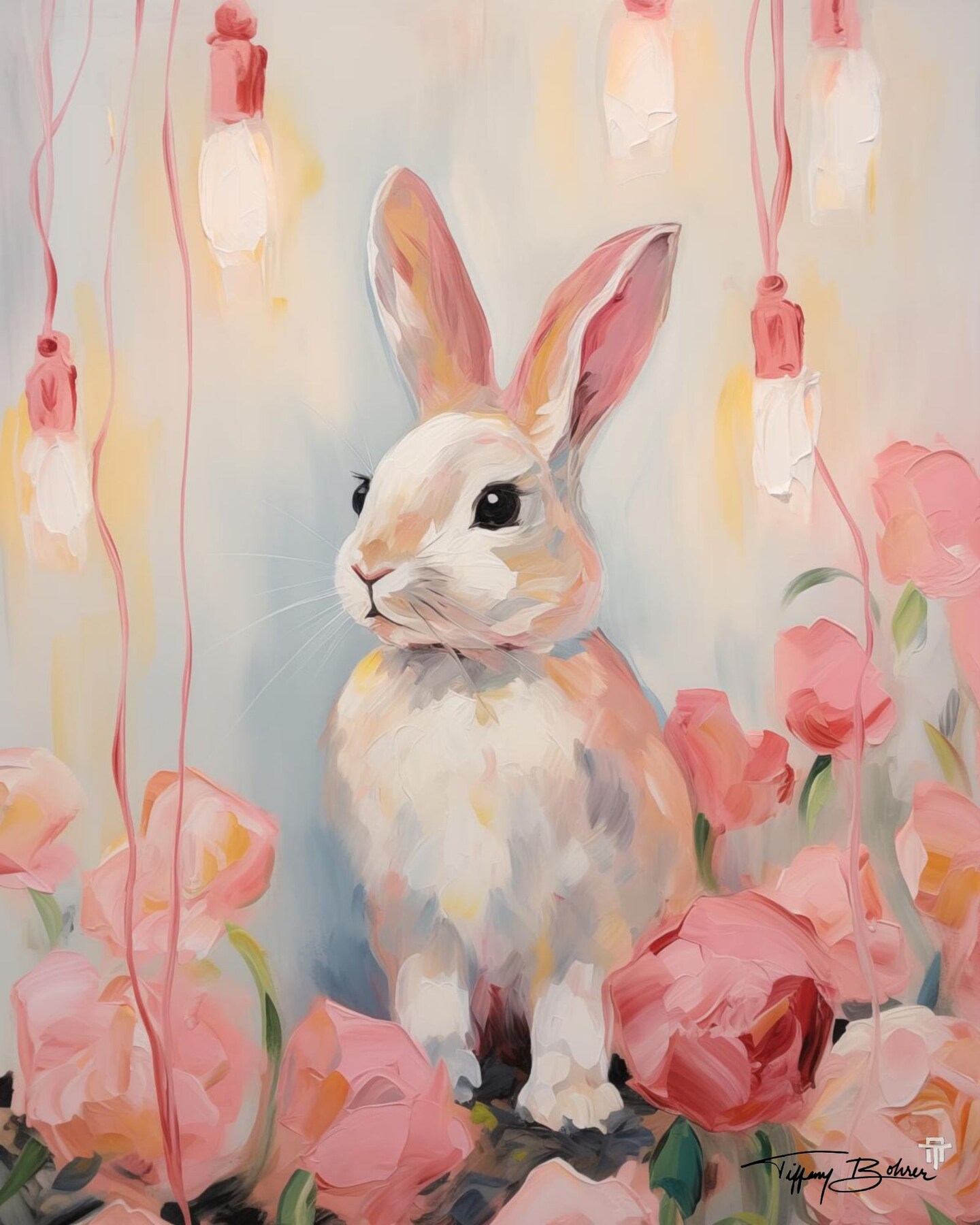 Pink Spring Garden Easter Bunny - Giclee Fine Art Print on Heavy Fine ...