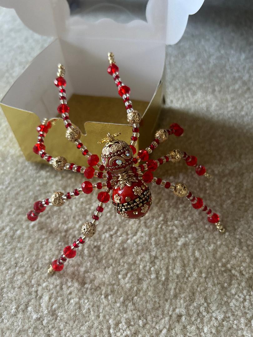 Handmade red, jeweled beaded Spider with gift box, 2024 charm, and ...