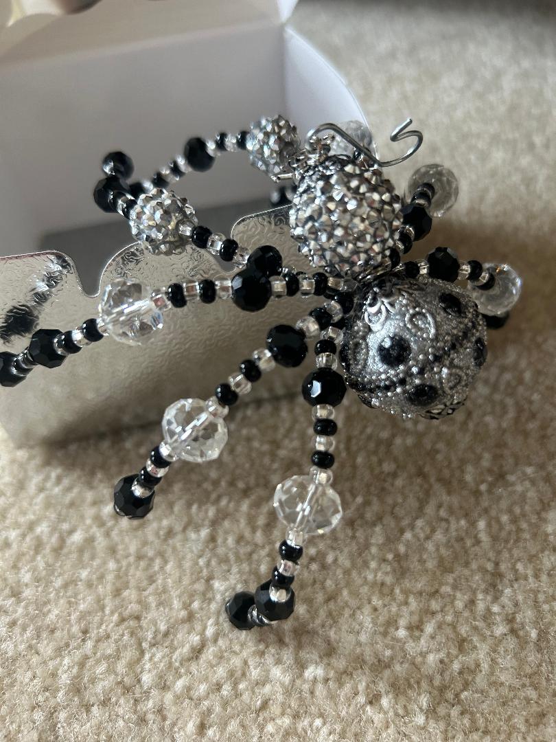 Handmade black, crystal jeweled beaded Spider with gift box, charm, and ...