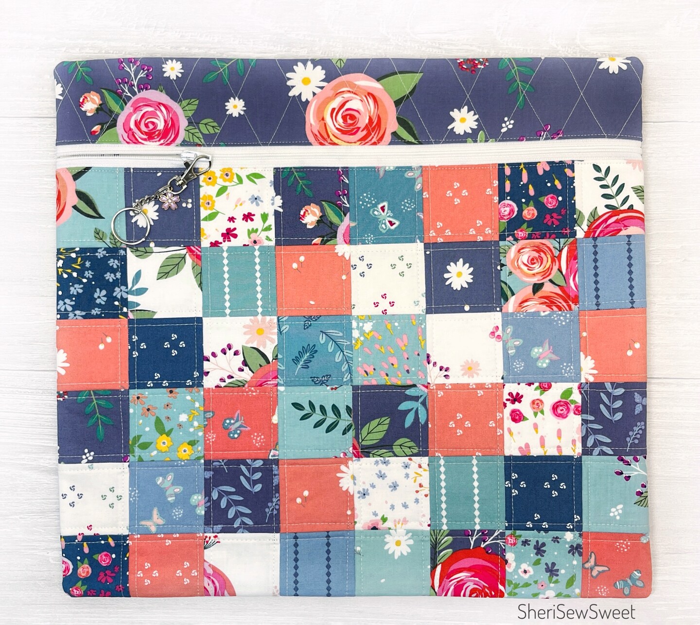 Cross Stitch Project Bag with Quilted Patchwork, Spring Summer Project Bag with Poppy and Posey ...