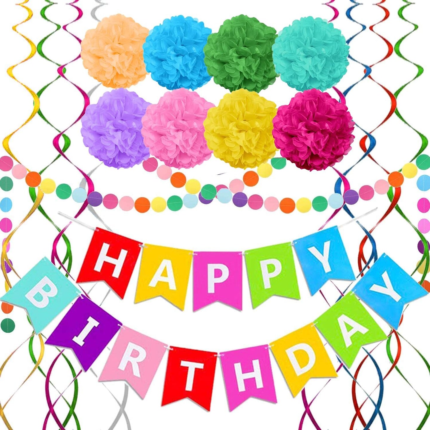 Rainbow Colorful Birthday Decorations, Happy Birthday Banner with Pom ...