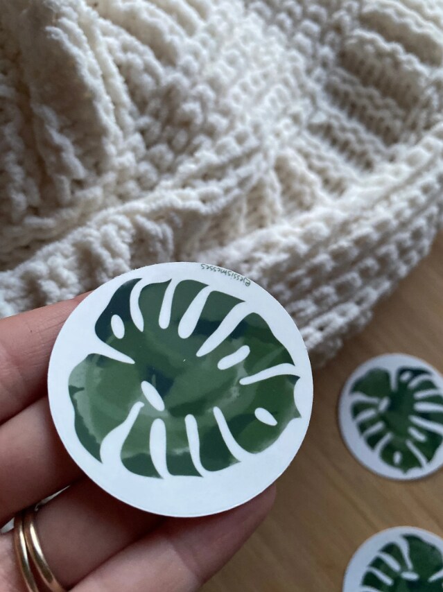 2" monstera leaf sticker, plant mom decal, swiss cheese leaf, botanical ...