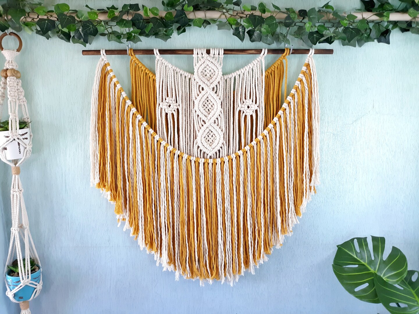 Small Mustard Colored Macrame Wall hanging with Wavy Fringe, Yellow ...