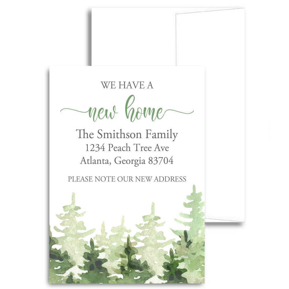 Forest moving announcement, pine trees address stationery, watercolor ...