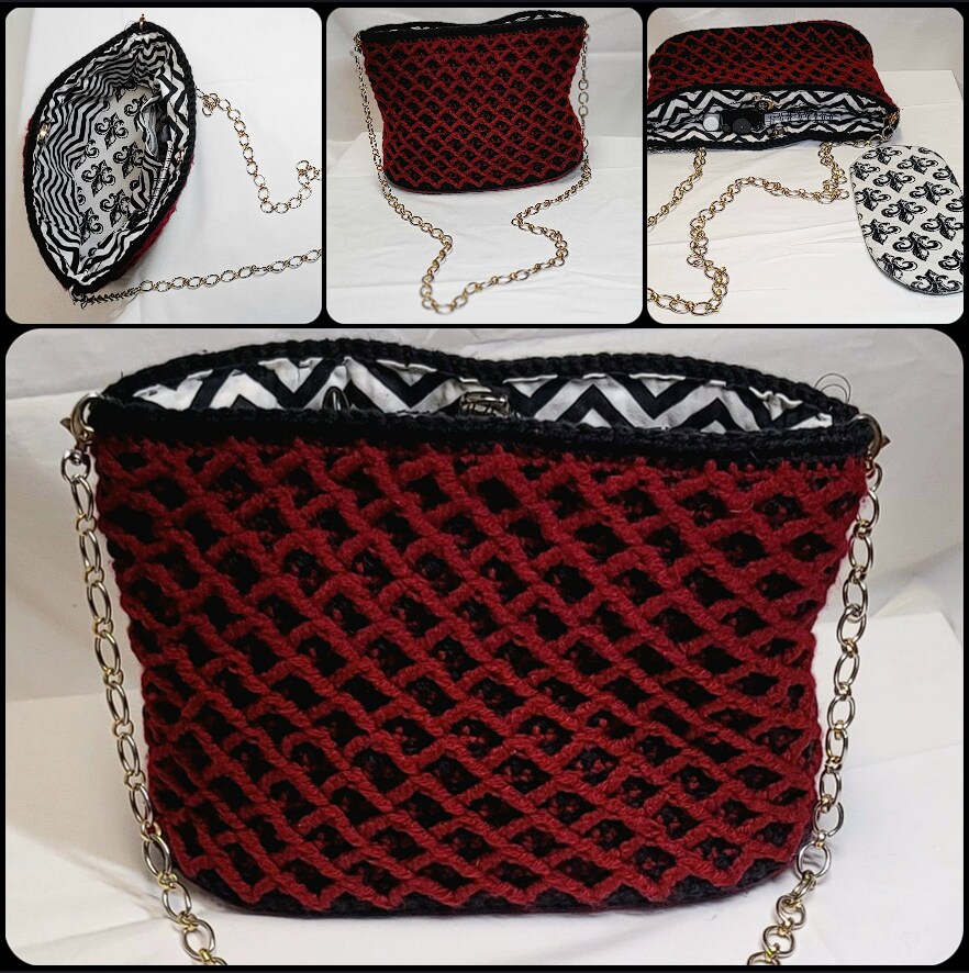Crocheted Purse: Maroon and Black, Diamond Stitch, Cotton Lined with ...