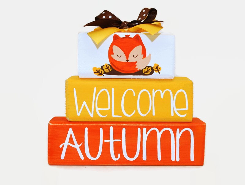 Fox Welcome Autumn WoodenBlock Shelf Sitter Stack Tiered Tray Office ...