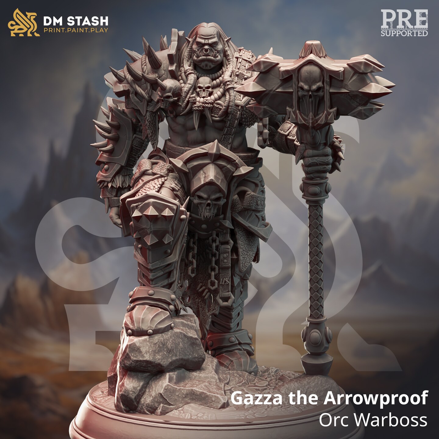 Gazza the Arrowproof from DM Stash's Orc Incursion set. Total height apx. 70mm. Unpainted Resin ...