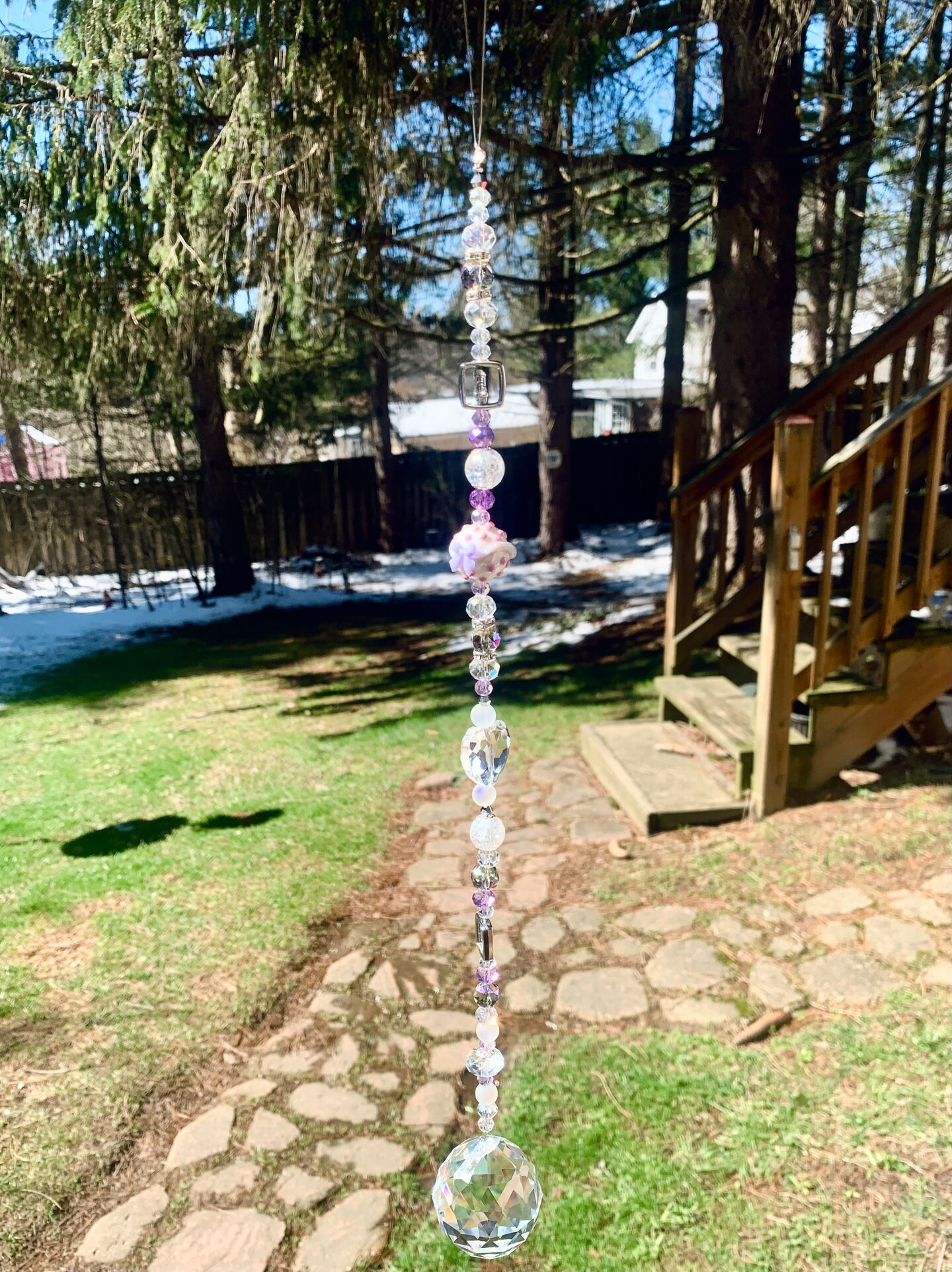 17in Suncatcher - 50mm Glass Prism Sphere w Handmade Chunky Bead, Glass ...