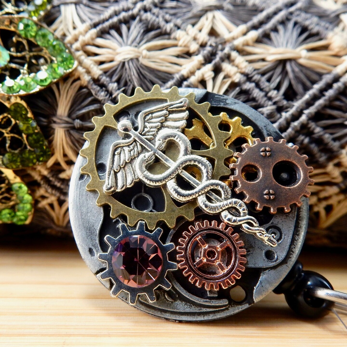 Badge Clip with Crystal Choices, Steampunk RN Badge Holder, Caduceus ...