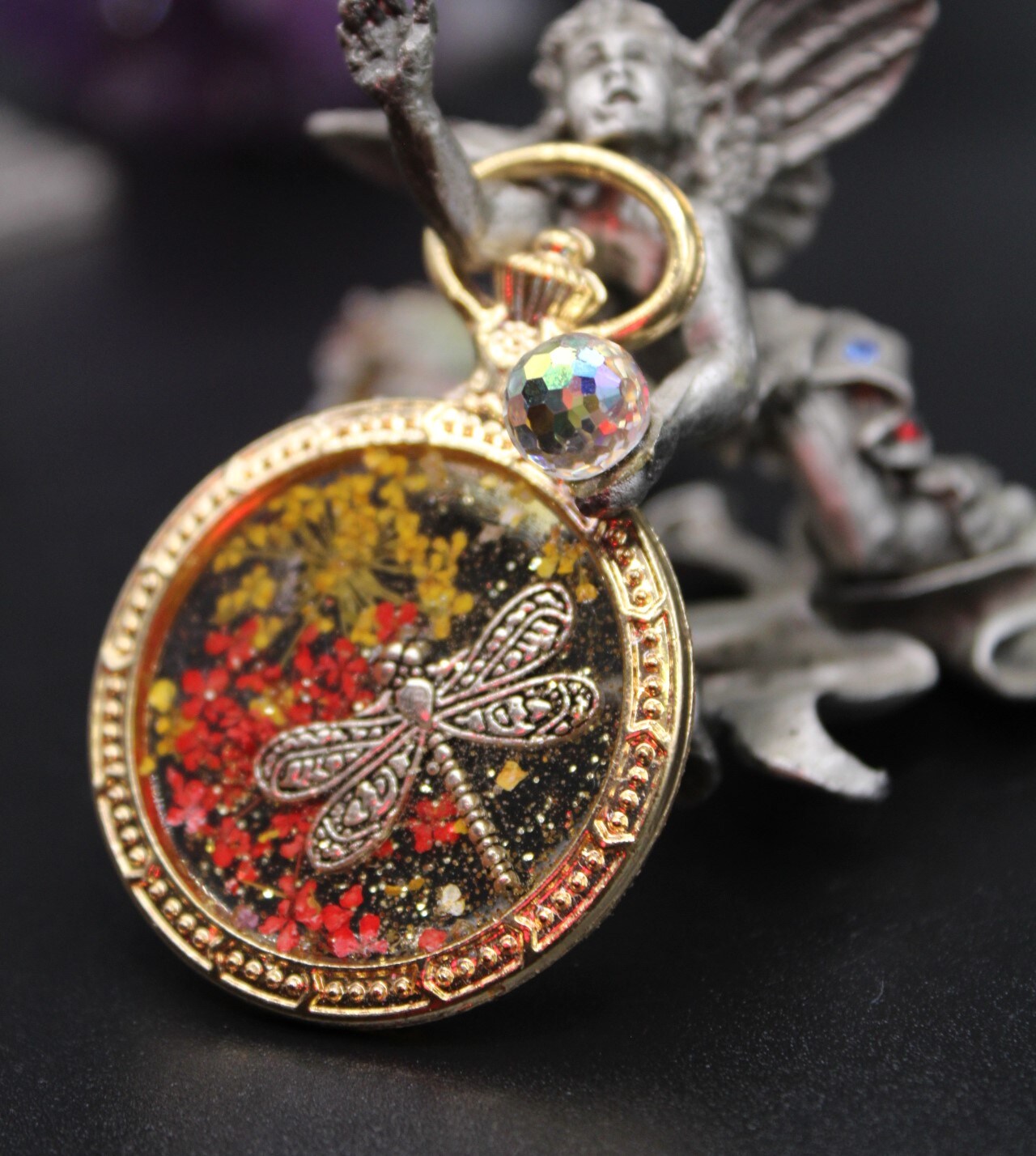 Real pressed, beautiful flowers with dragonfly charm, Pocket watch ...