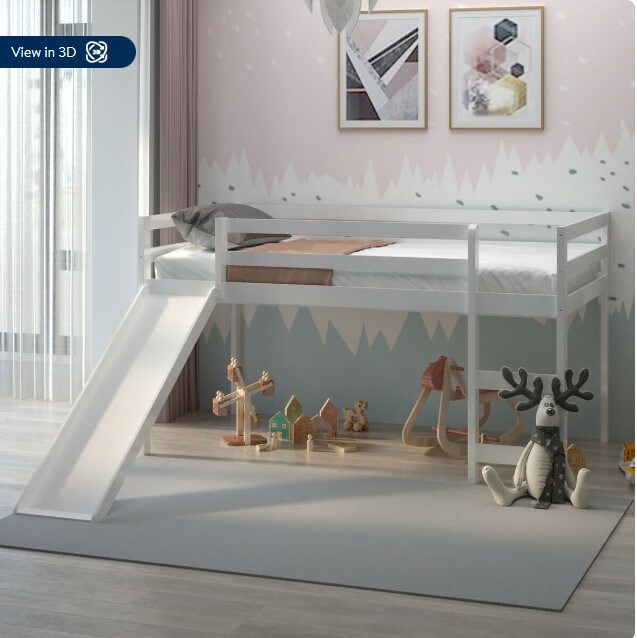 White Twin Size Loft Bed with Slide Wood Low Sturdy Loft Bed for Kids ...
