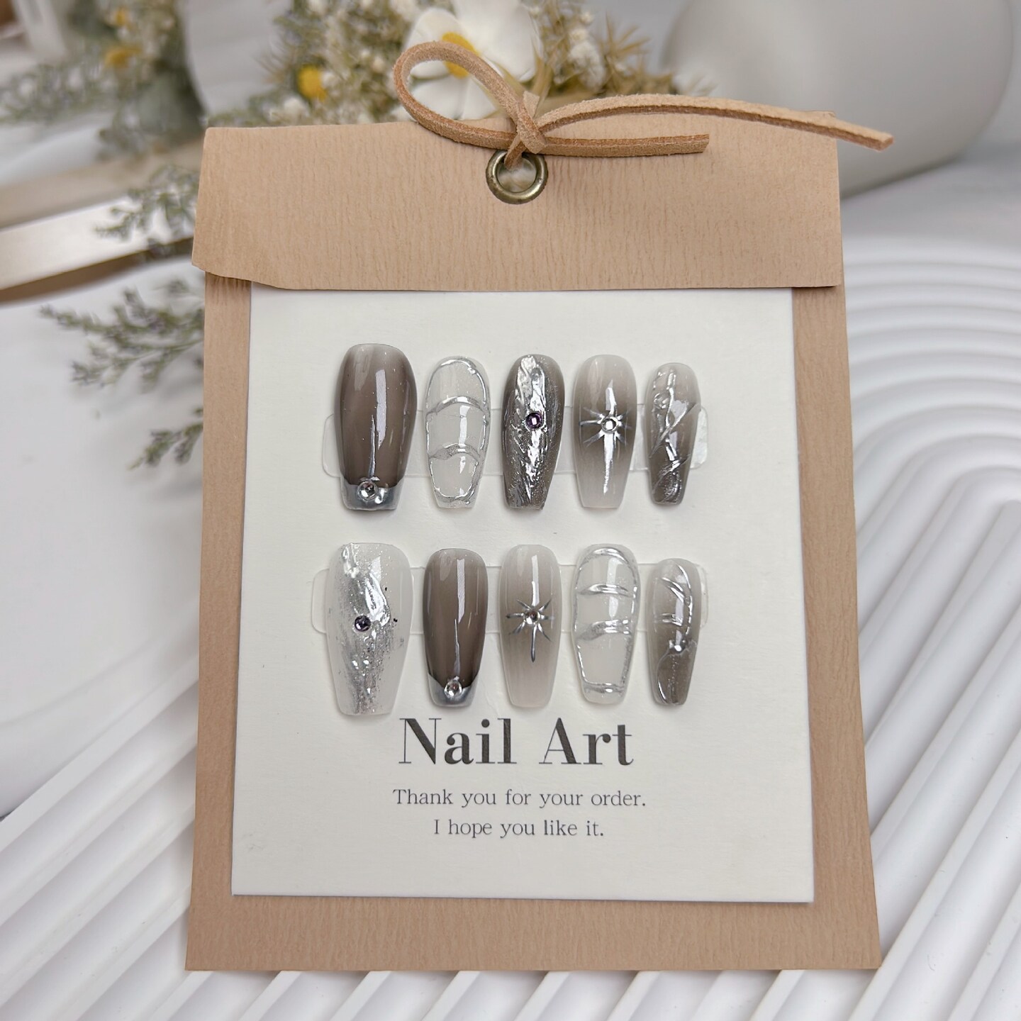 Gothic Brown and Silver Press on Nails, Long Coffin Nails, 3D Chrome ...