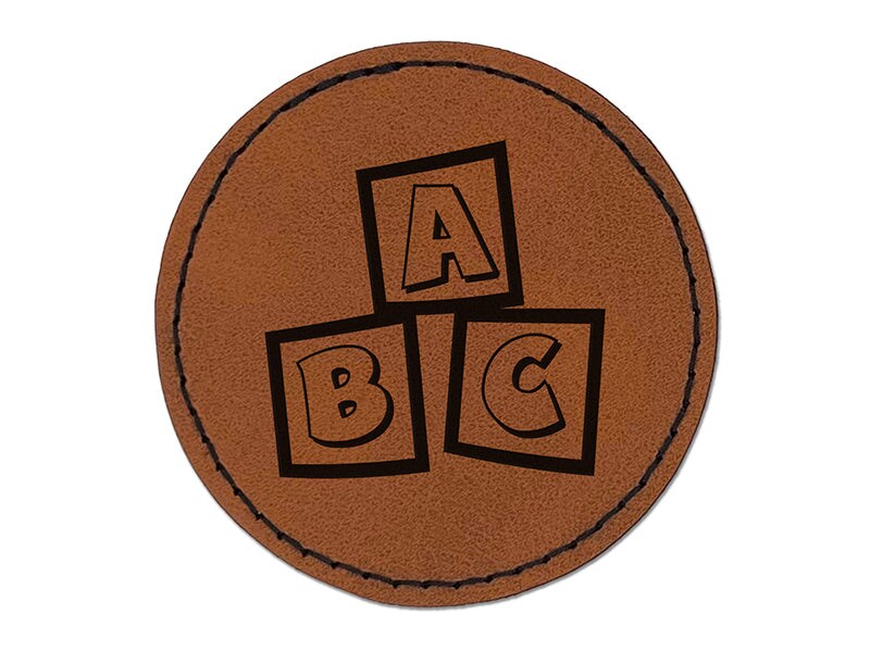 ABC Kids Baby Blocks Round Iron-On Engraved Faux Leather Patch Applique ...