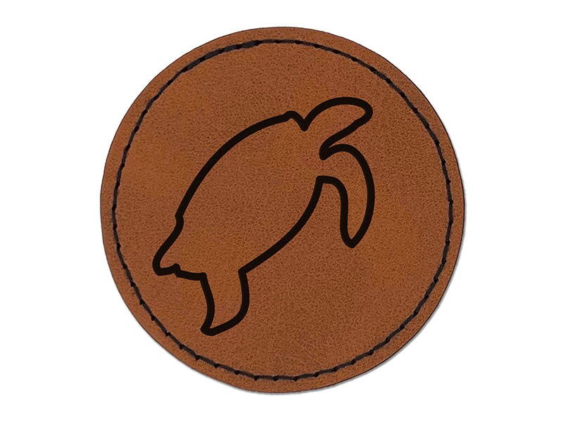 Turtle Swimming Outline Round Iron-On Engraved Faux Leather Patch ...