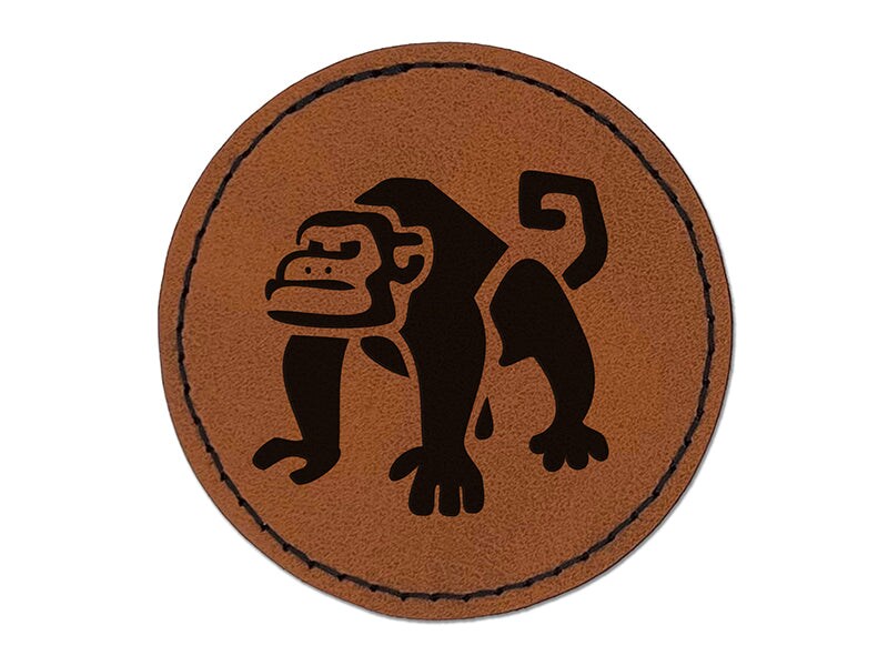 Grumpy Monkey with Curly Tail Round Iron-On Engraved Faux Leather Patch ...