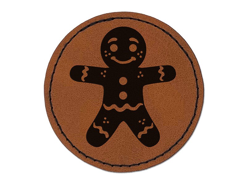 Christmas Gingerbread Man Round Iron-On Engraved Faux Leather Patch ...