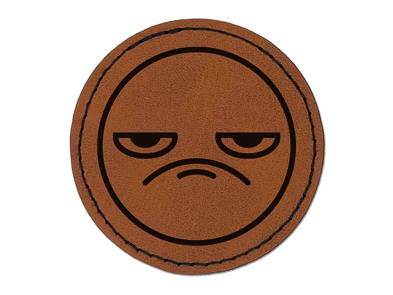Kawaii Cute Grumpy Meh Face Round Iron-On Engraved Faux Leather Patch ...
