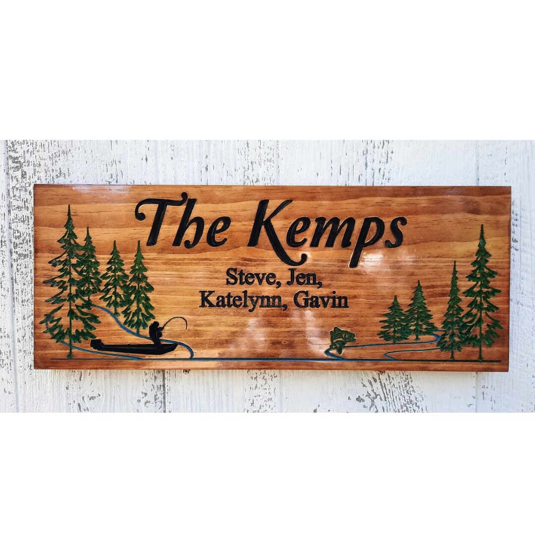 Custom Carved Wood Signs | Personalized Cabin Sign with fisherman ...