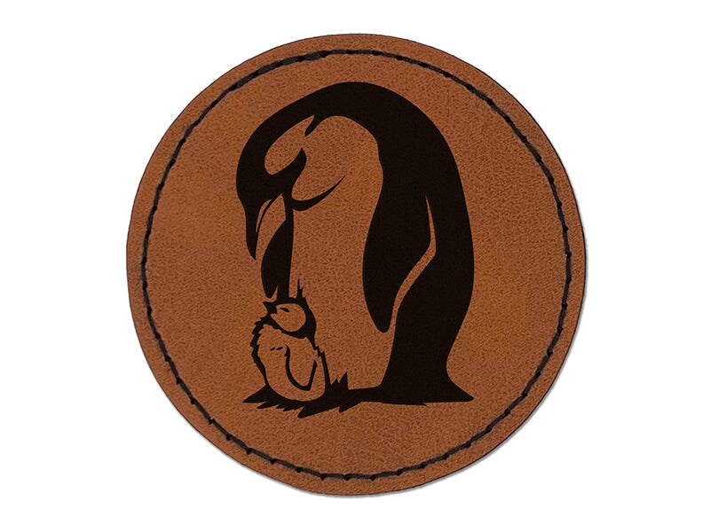 Cute Emperor Penguin Mother with Baby Chick Round Iron-On Engraved Faux ...