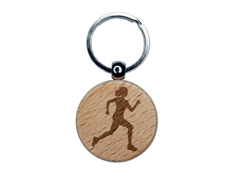 Woman Running Marathon Cardio Exercise Engraved Wood Round Keychain Tag ...