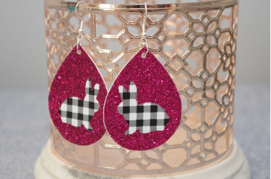 Peek A Boo Bunny Hot Pink Glitter Black And White Mini Buffalo Plaid Teardrop Earrings