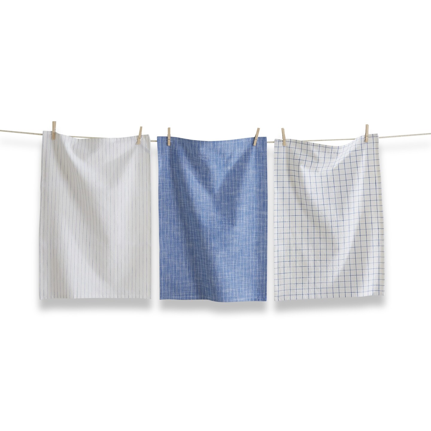 Set of 3 Window Pane and Pinstripe Blue and White Cotton Kitchen ...