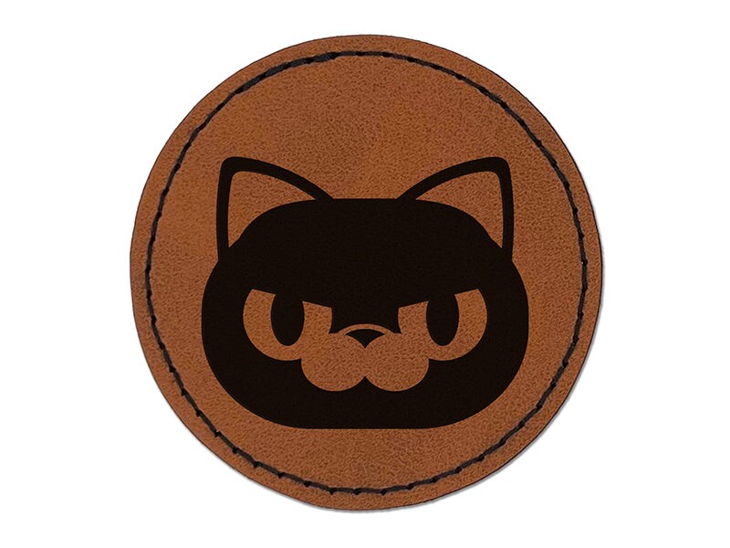 Round Cat Face Angry Round Iron-On Engraved Faux Leather Patch Applique ...
