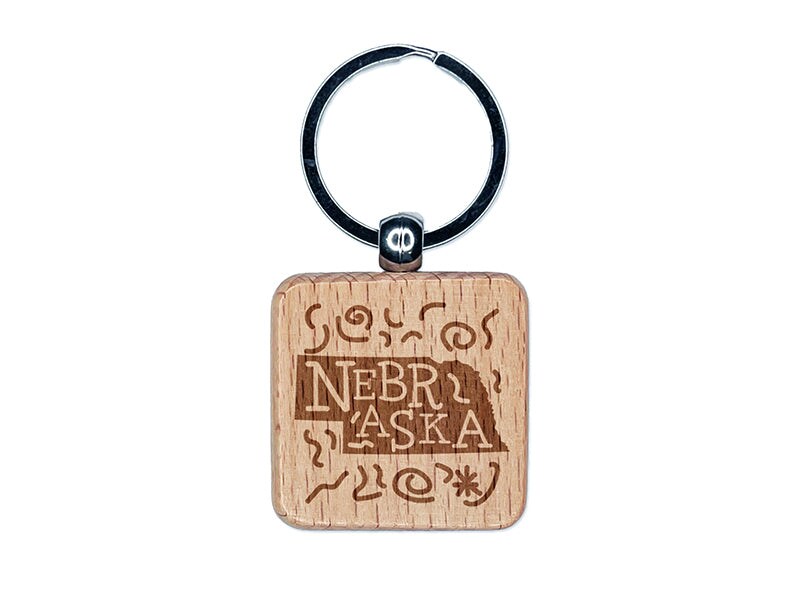 Nebraska State with Text Swirls Engraved Wood Square Keychain Tag Charm ...