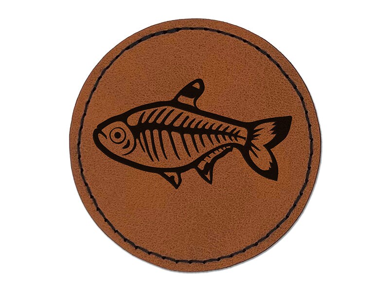 X-Ray Tetra Skeleton Fish Round Iron-On Engraved Faux Leather Patch ...
