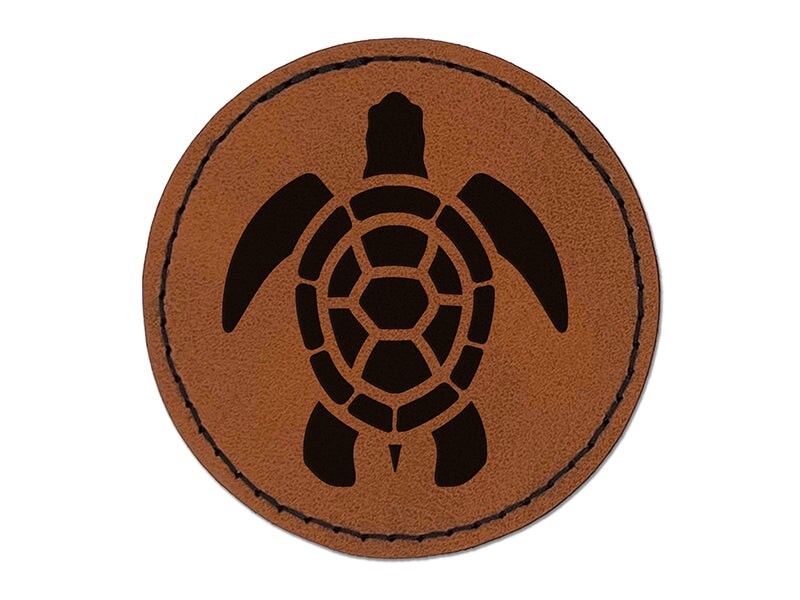 Sea Turtle Tribal Round Iron-On Engraved Faux Leather Patch Applique ...