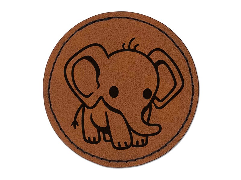 Cute Baby Elephant Round Iron-On Engraved Faux Leather Patch Applique ...