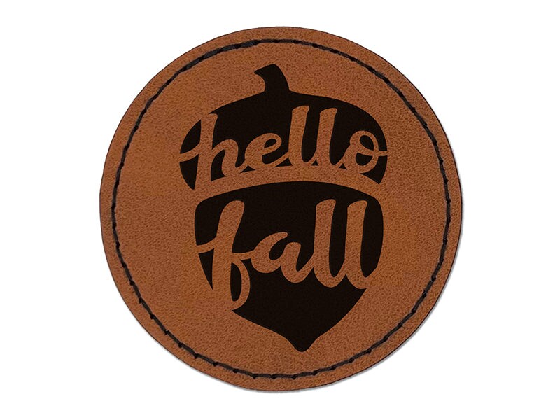 Hello Fall Acorn Round Iron-On Engraved Faux Leather Patch Applique - 2 ...
