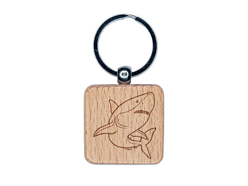 Powerful Great White Shark Engraved Wood Square Keychain Tag Charm ...