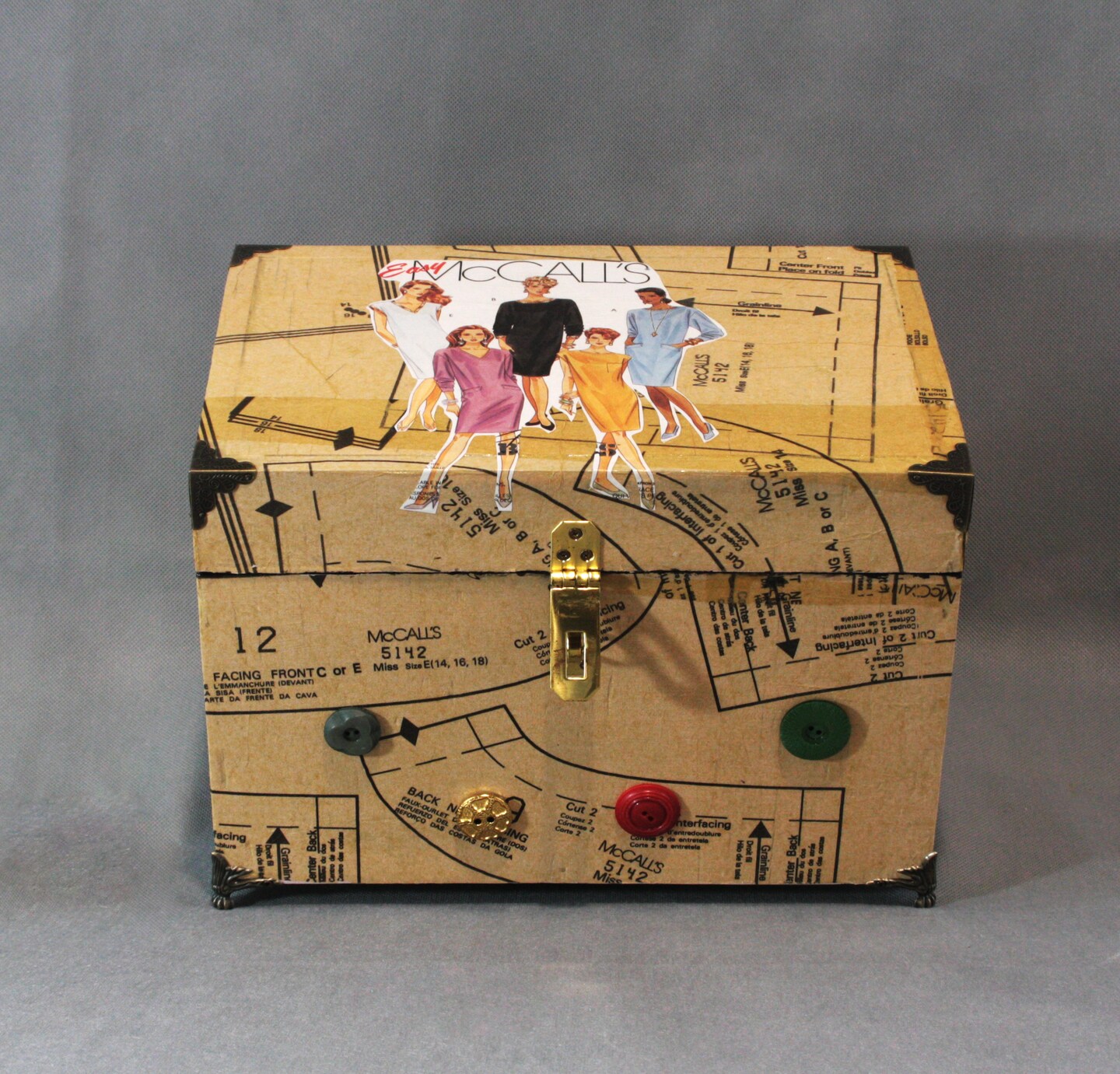Storage box, Decoupaged wood box, Vintage sewing patterns, buttons, up ...