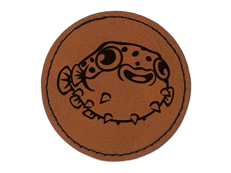 Happy Little Pufferfish Round Iron-On Engraved Faux Leather Patch ...