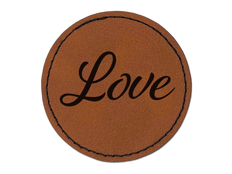Love Cursive Text Round Iron-On Engraved Faux Leather Patch Applique ...