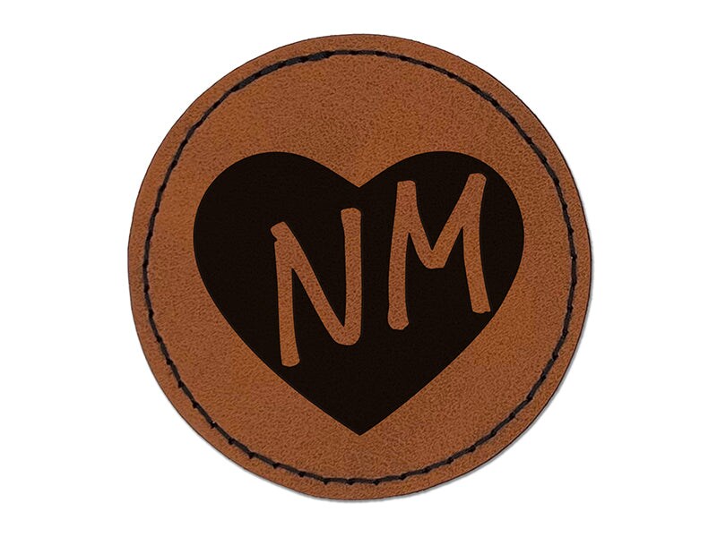 NM New Mexico State in Heart Round Iron-On Engraved Faux Leather Patch ...