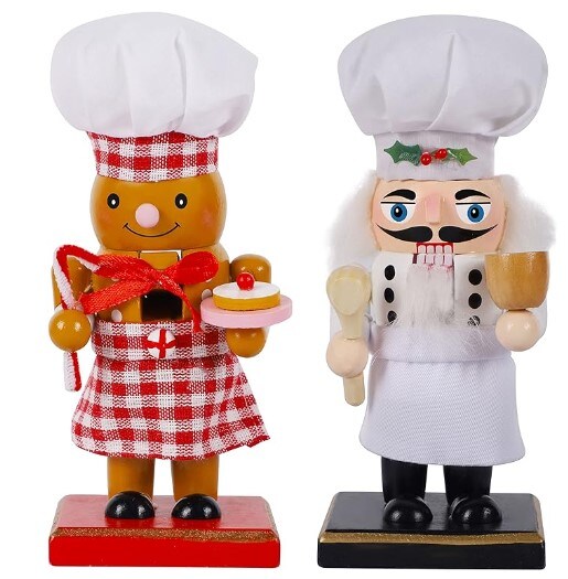 7 Inch Wooden Nutcracker Santa Chef and Gingerbread Man Chef Figure Set ...