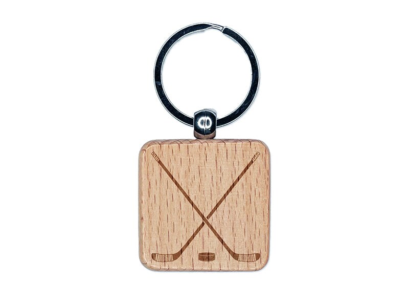 Crossed Hockey Sticks with Puck Engraved Wood Square Keychain Tag Charm ...