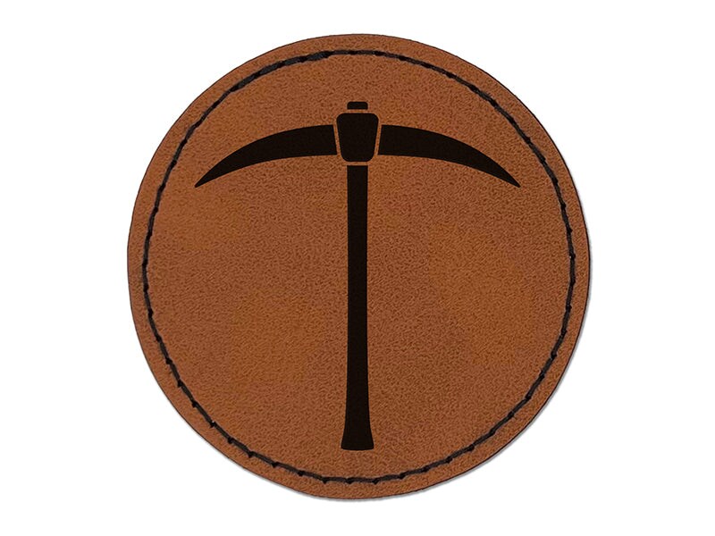 Pick Axe Mining Tool Round Iron-On Engraved Faux Leather Patch Applique ...